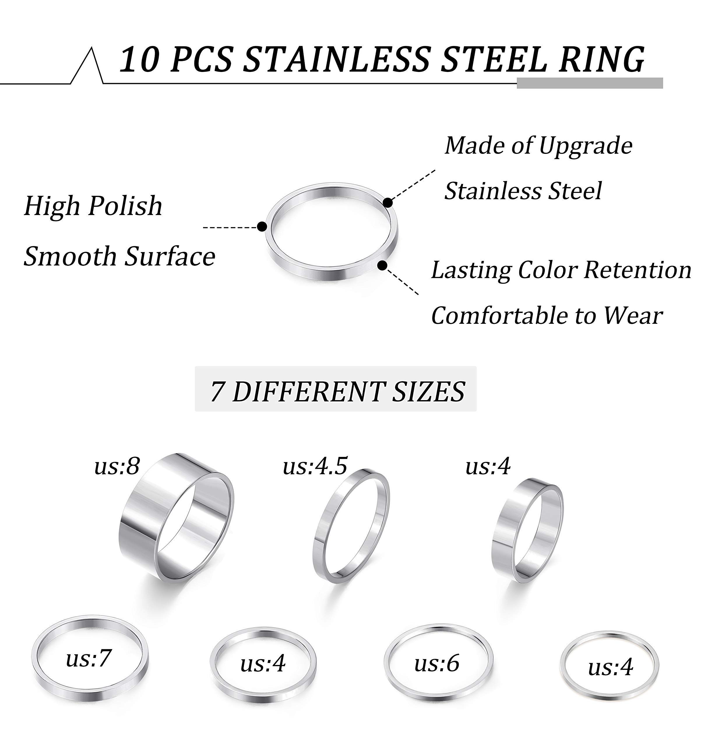 HAIAISO 10 Pcs Knuckle Rings Set Stainless Steel Ring Simple Smooth Finger Silver Stackable Rings Set for Women Plain Band Rings…