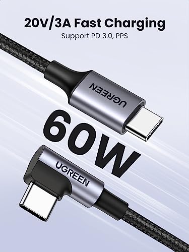 UGREEN 60W USB C to USB C Cable Right Angle USB C Fast Charging Cable Compatible with MacBook Pro/Air, iPad Pro/Mini/Air, Samsung Galaxy S23/S22/Z Fold/Z Flip, Google Pixel, Switch, etc. 3.3FT
