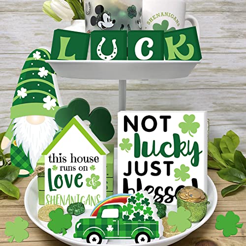 St Patricks Day Tiered Tray Decorations Set - St Patricks Day Shamrock Wooden Signs with Green String Lights for Spring Irish Saint Patricks Day Home Table Decorations