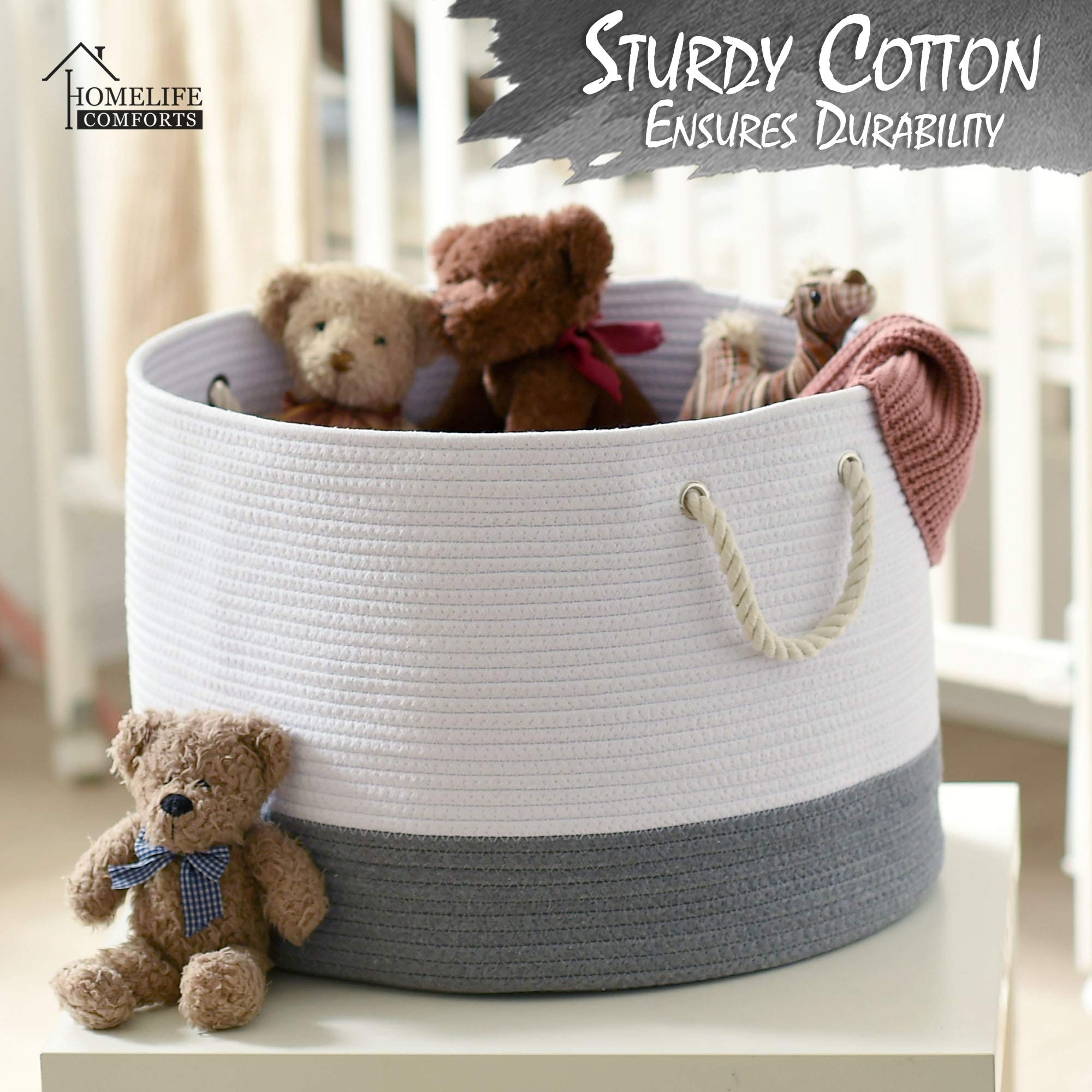 HomeLife Comforts XXL Woven Cotton Rope Basket | 20"x13" Blanket Pillow Towel Baby Toy Nursery Storage Organizer | Decorative Clothes Hamper Bin | Extra Large White Grey as Decor Gift for Laundry Room
