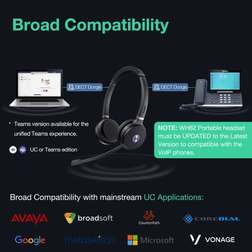 Yealink WH62 Portable Wireless Headset with Dongle Computer Headset with Microphone (for Teams Optimized, WH62 with Dongle)