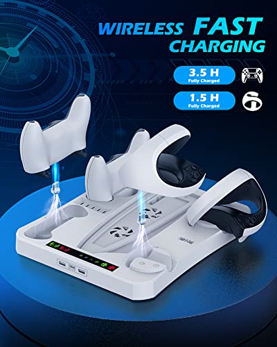 PS-5 & PS VR2 Charging Station with 2 Cooling Fan, YOGES 3-in-1 PS-5 Stand for Play-station5 and Play Station VR2 Controllers Charging, PS-5 Console Cooling Station PS-5 PS VR2 Accessories Storage