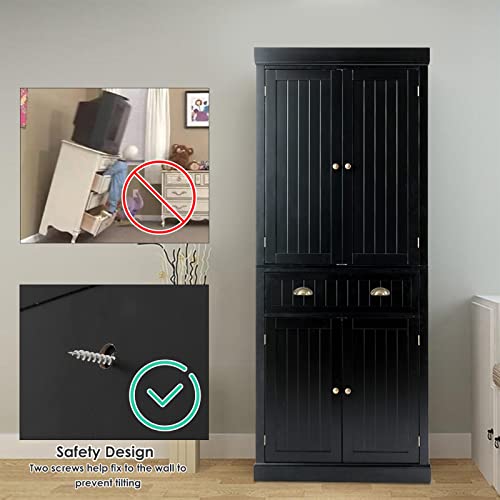 Tangkula 72" H Kitchen Pantry Cupboard Cabinet, Traditional Freestanding Large Tall Storage Cabinet with 2 Cabinets and Drawer, Adjustable Shelves Design, for Living Room Kitchen, 30 x 16 x 72 Inch