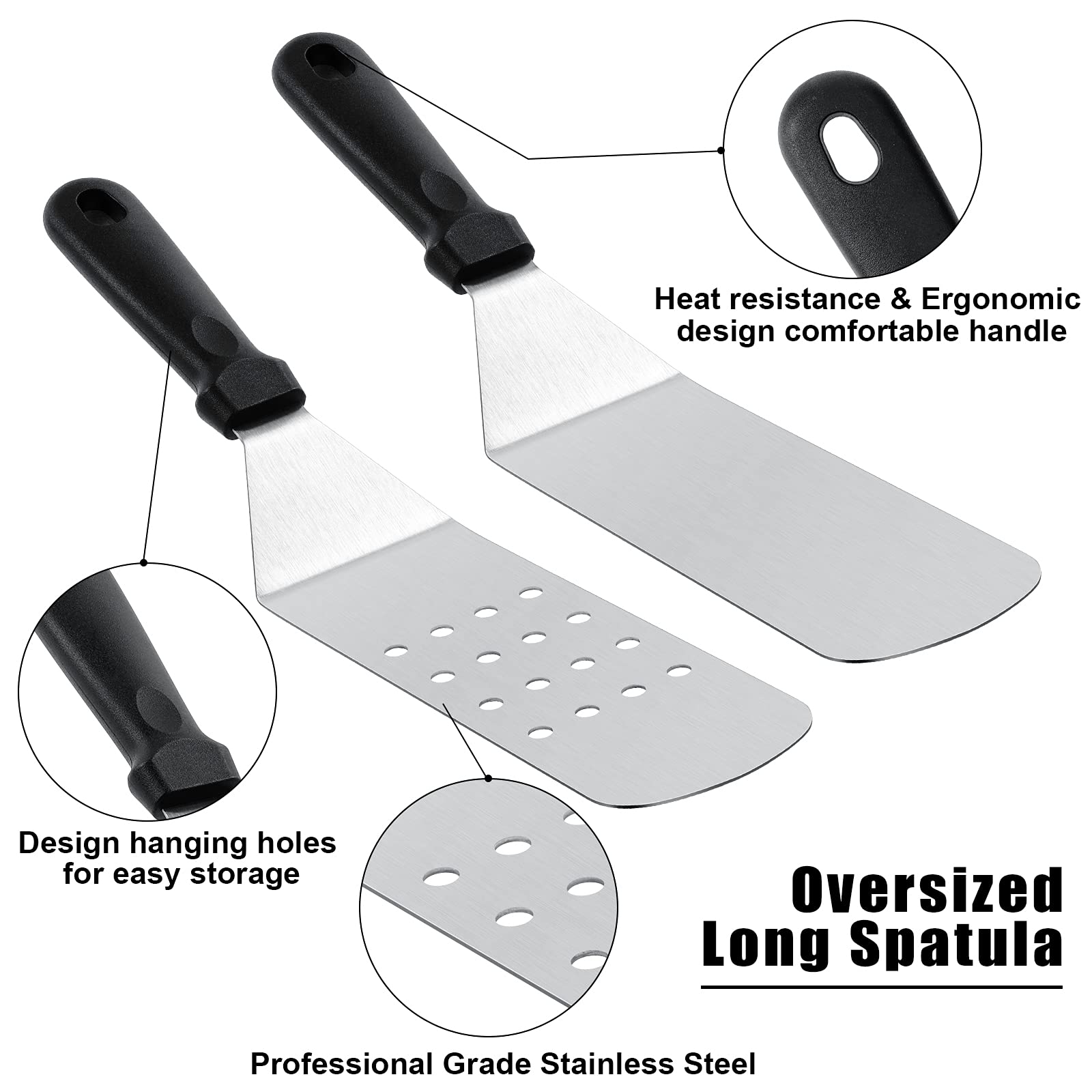 Griddle Accessories Kit - 15 PCS Griddle Grill Tools Set with Stainless Long Spatula Set, Basting Cover, Fork, Fish Turner, Chopper, Scraper, Grill Tongs, Perfect for BBQ and Camping
