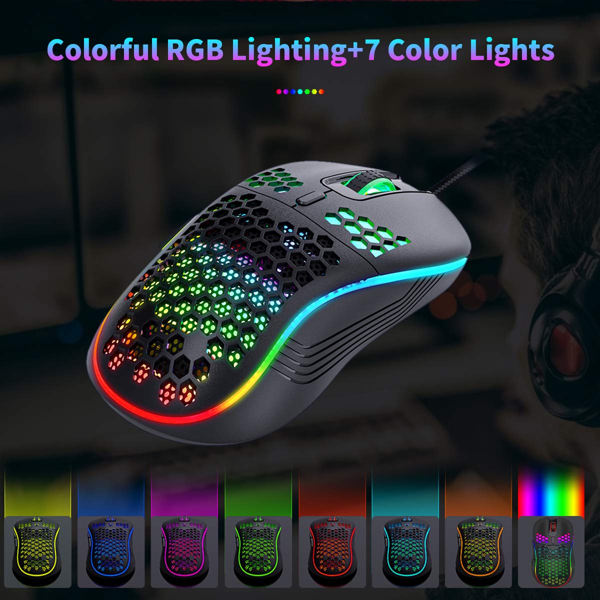 HETOETF Lightweight Gaming Mouse, Wired USB PC Gaming Mice with Ultralight Honeycomb Shell, RGB Chroma LED Light, 7200 DPI Adjustable, Programmable 6 Buttons Mouse for Windows 7/8/10/XP