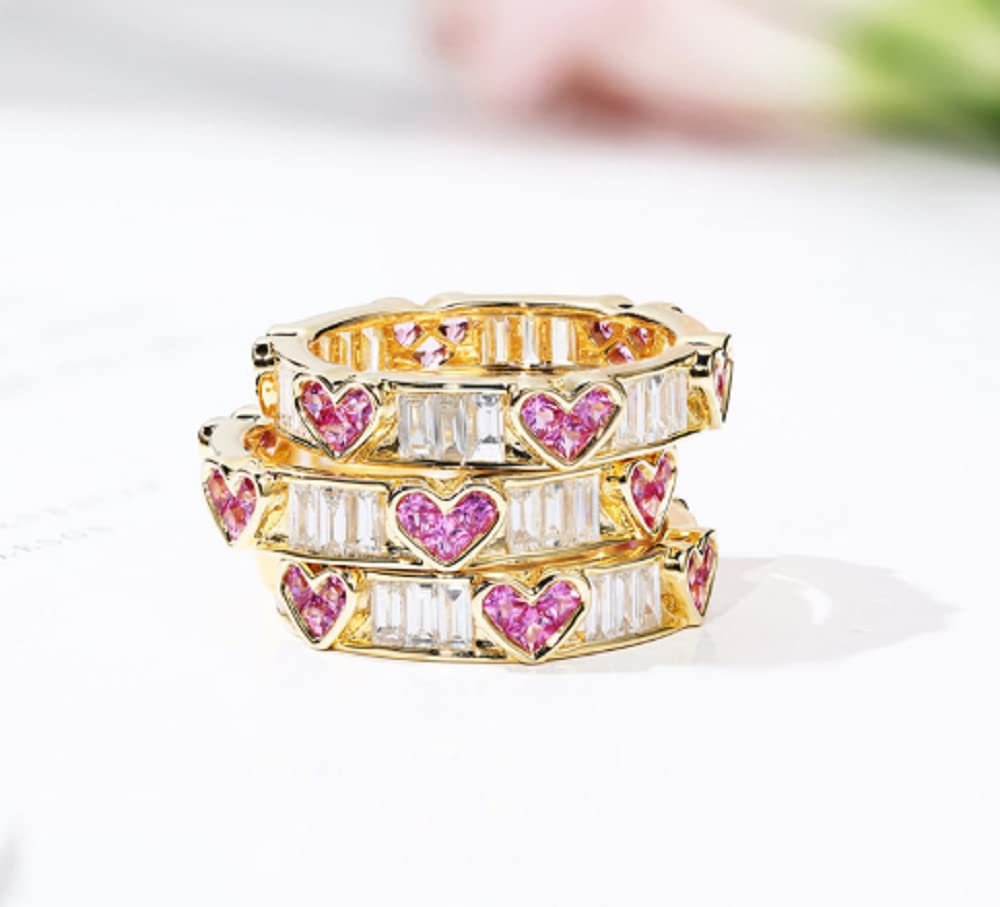 HUKQBUNX 18K Gold Peach Heart Wreath Ring Amethyst CZ Square Crystal Zircon Diamond Ring Women's Precious Fashion Wedding Engagement Couple Ring Size 6-10 (Size 7)
