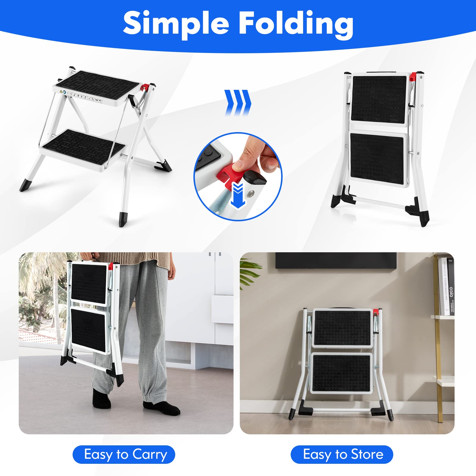 Goplus 2 Step Ladder, Lightweight Folding Step Stool with Anti-slip Pedals, Non-slip Foot Covers, Heavy Duty Metal Stepladder for Household, Kitchen, 330 LBS Weight Capacity, White & Black