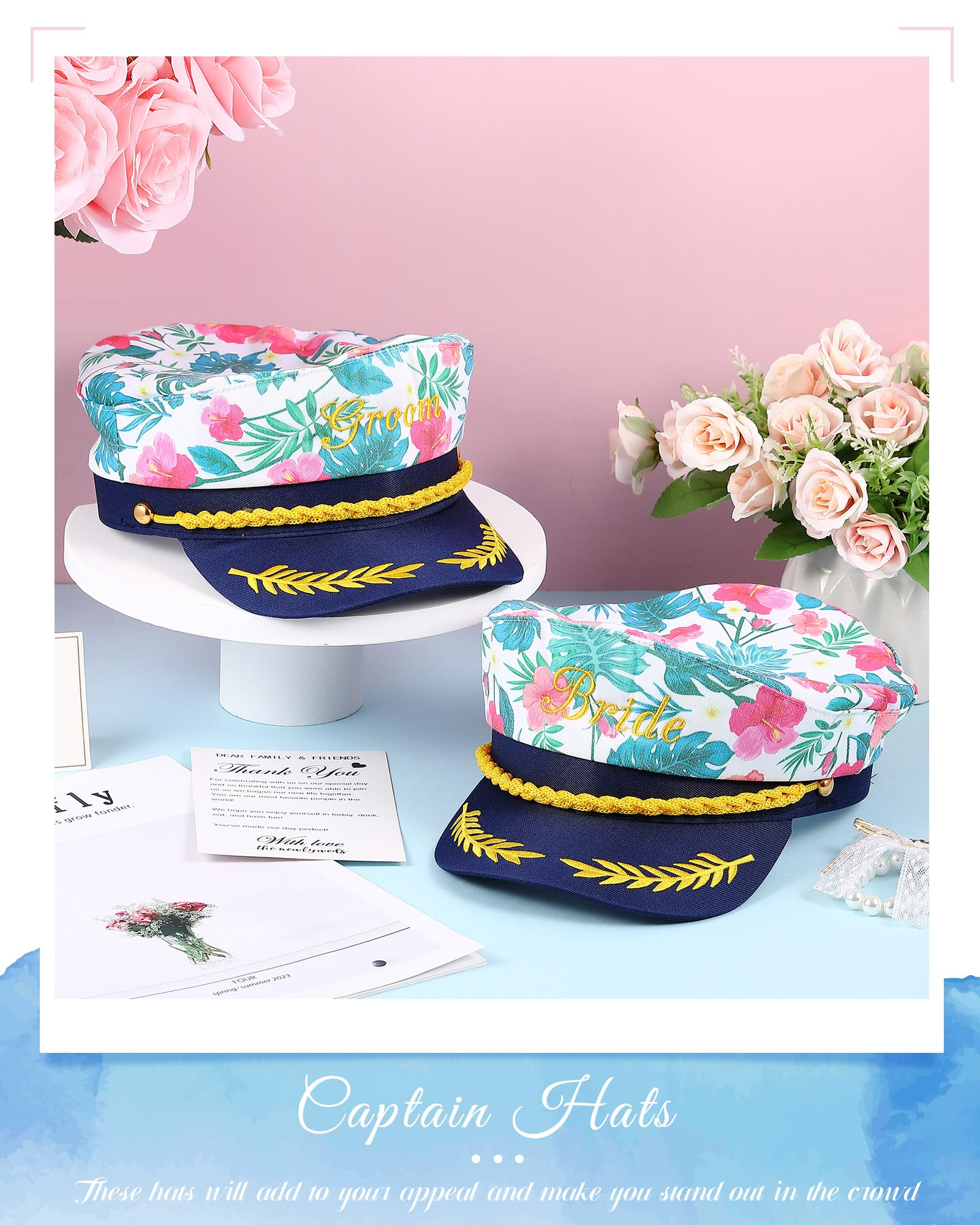 Skicuff 2 Pcs Bride Groom Captain's Hats for Bachelorette, Bridal Shower and Wedding Party