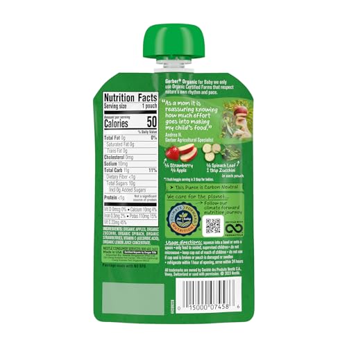 Gerber Organic Apple Zucchini Spinach Strawberry Baby Food, 3.5 Oz Pouch