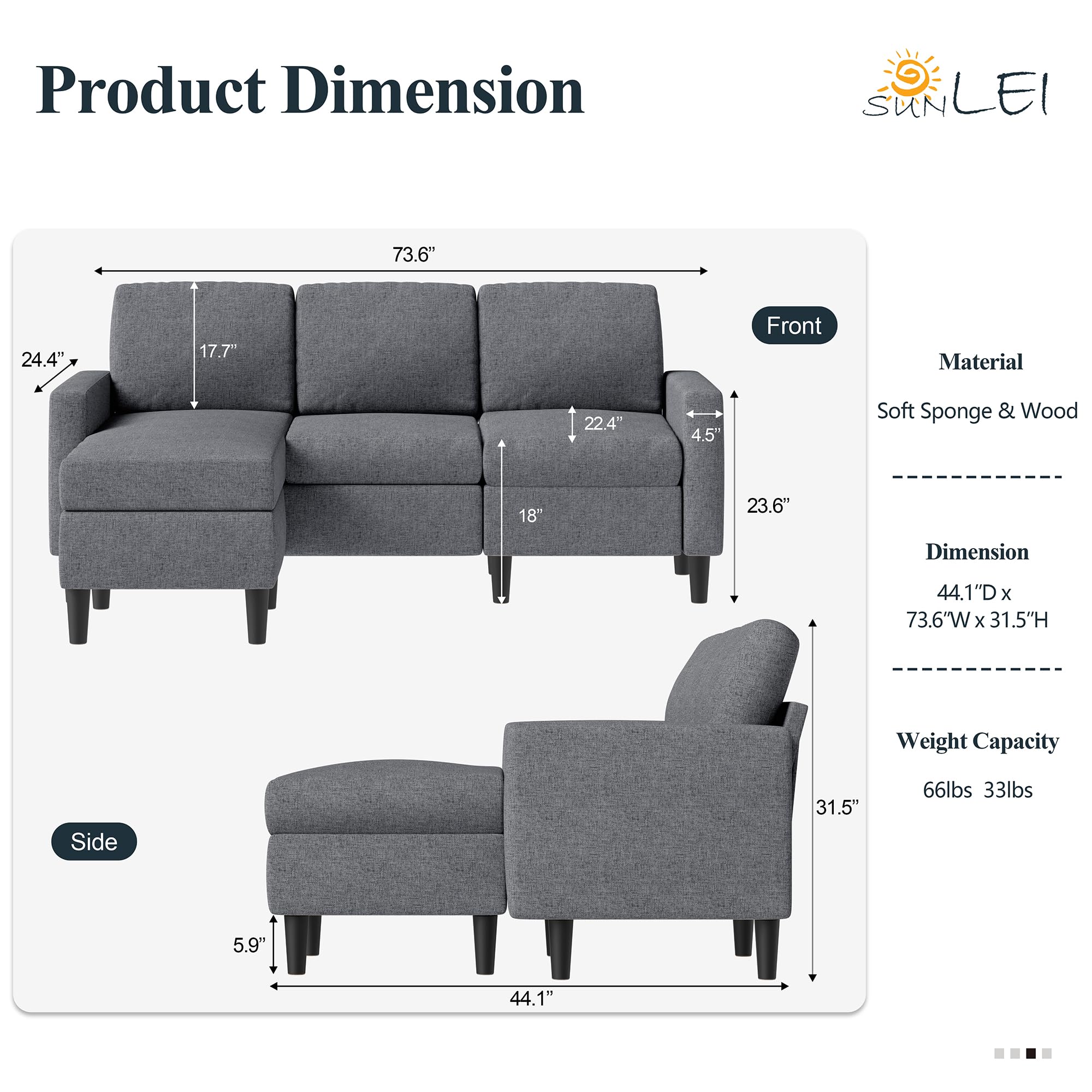SUNLEI L Shaped Couches for Living Room, Small Sectional Sofa with Reversible Chaise, Convertible Sectional Sofa with Modern Linen Fabric, Space Saving for Apartment(Dark Grey)