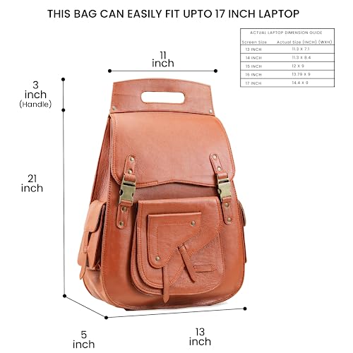 Handmade World Full Grain 18 Inch Leather Laptop Large Backpack Casual Bookbag Daypack Camping Travel Rucksack Knapsack (Tan Brown)