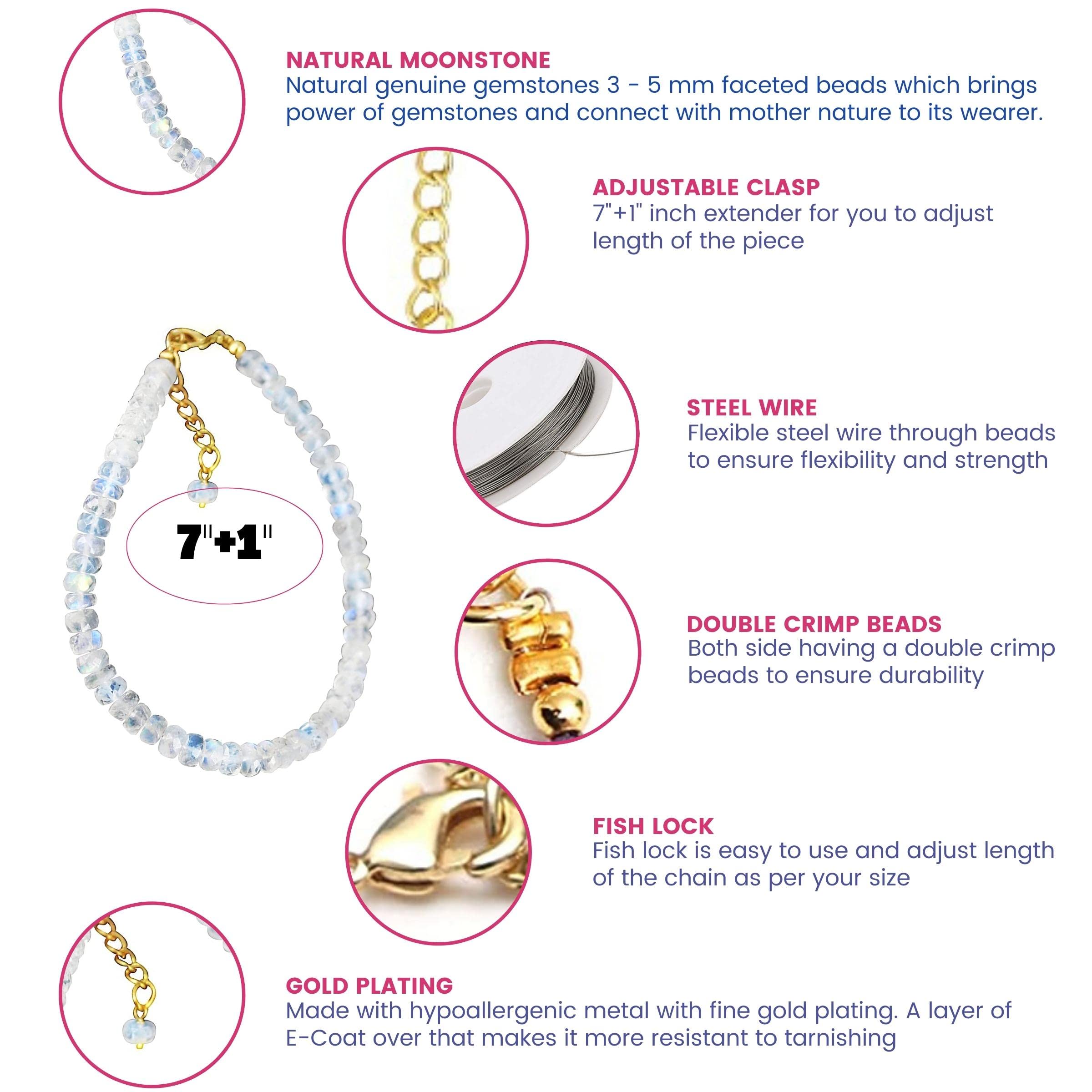 Gempires Rainbow Moonstone Beaded Bracelet, Faceted Beads 4-5 mm, Moonstone Crystal Bracelet for Women, June Birthstone, Gift for Her, 14k Gold Plated 8 inches Adjustable Chain