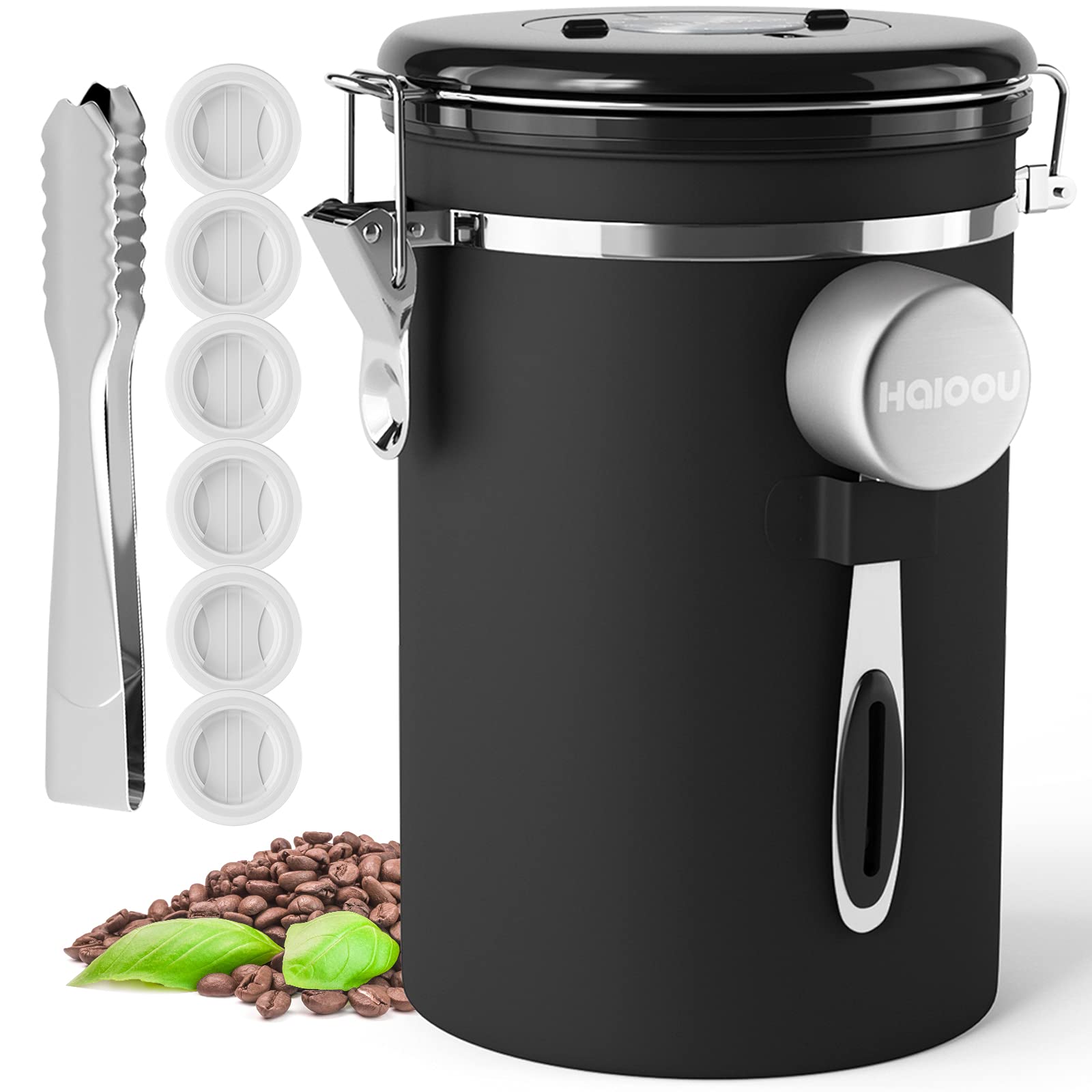 HAIOOU Airtight Coffee Canister, 22OZ Large Stainless Steel Coffee Bean Storage Container with Date Tracker, Measuring Scoop, 6Pcs CO2 Valves and Mini Tongs for Beans, Grounds, Sugar and more - Black