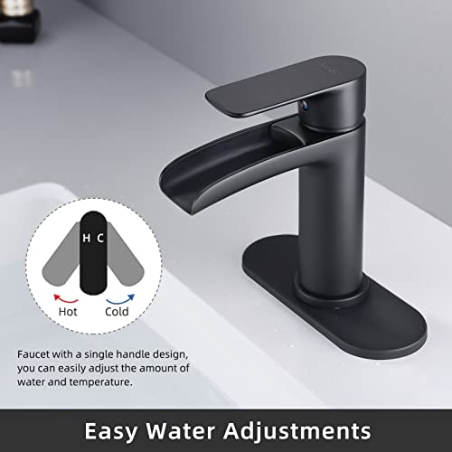 NEWATER Waterfall Brass Bathroom Faucet Single-Handle Black Bathroom Sink Faucet Matte Black Single Hole or 3 Holes 4 inch faucet for bathroom sink,RV Vessel Vanity Faucet with Deck Mount,Pop-Up Drain