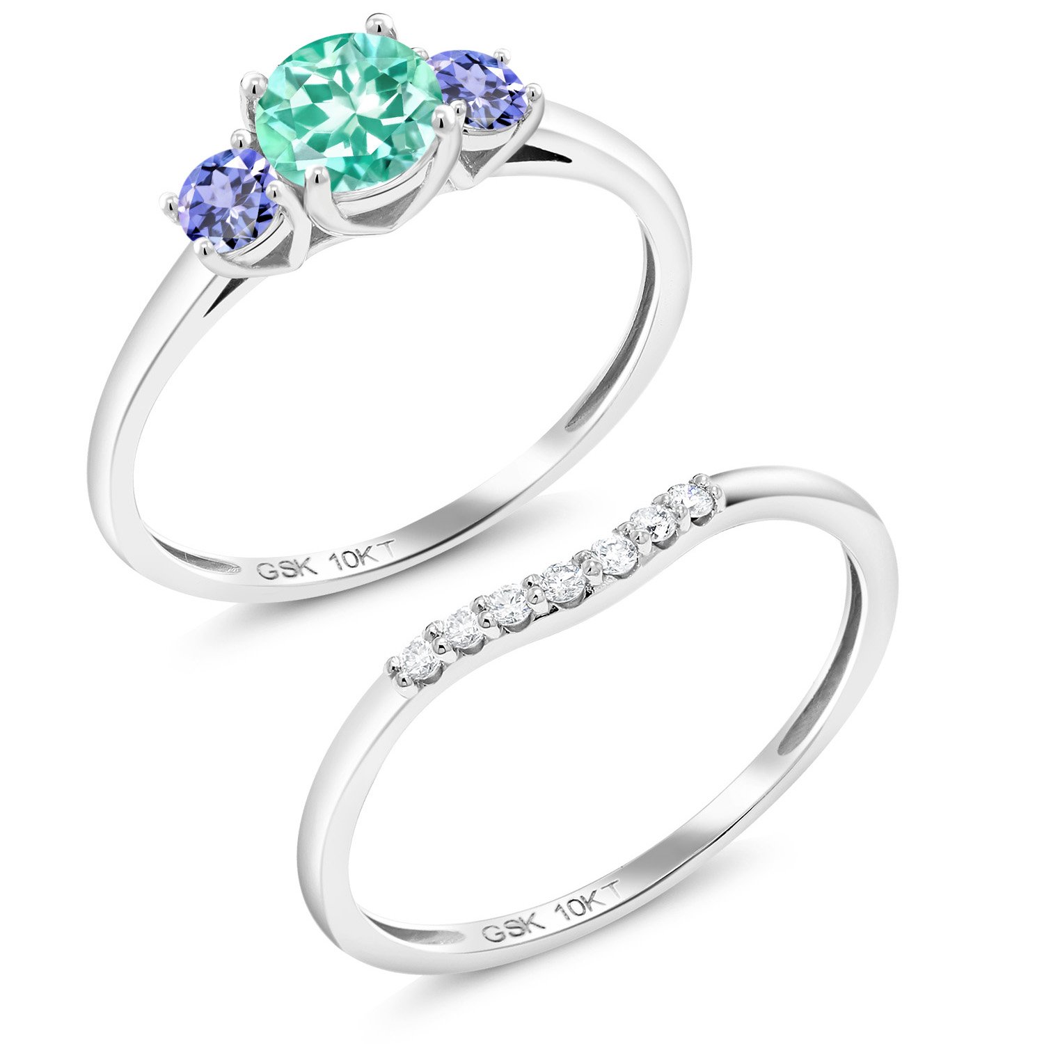 Gem Stone King 10K White Gold Blue Apatite and Blue Tanzanite and White Lab Grown Diamond 3-Stone Bridal Engagement Wedding Ring Set For Women (0.81 Cttw, Gemstone, Round 5MM, Size 5)