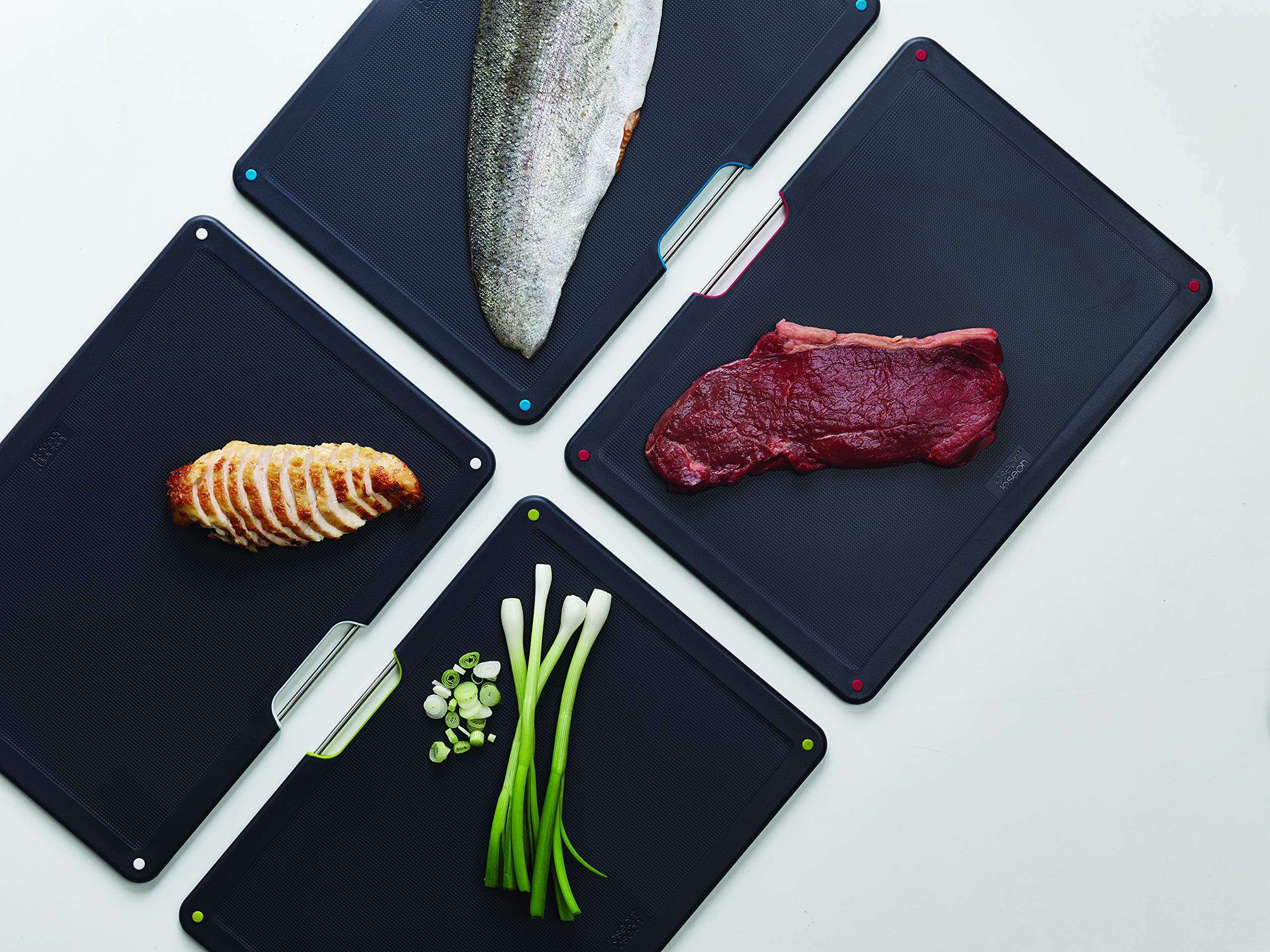 Joseph Joseph Folio 4-Piece Color coded Cutting Board Set, Steel Slimline Case for Organized Kitchen Storage, Large, Carbon Black