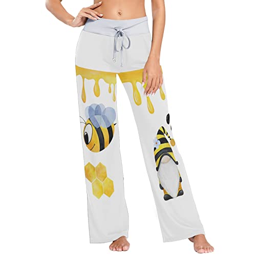 Yellow Flying Bee Dressed Up Gnome Honeycomb on White Pajama Lounge Pants Drawstring Stretch Pants Wide Leg(L)