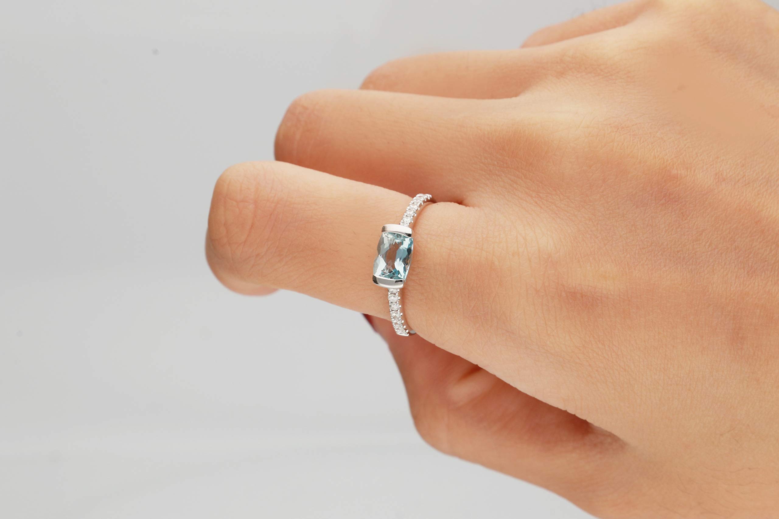 Gin & Grace 10K White Gold Genuine Aquamarine Ring with Diamonds for Women | Ethically, authentically & organically sourced (Cushion-Cut) Shaped Aquamarine Hand-Crafted Jewelry for her