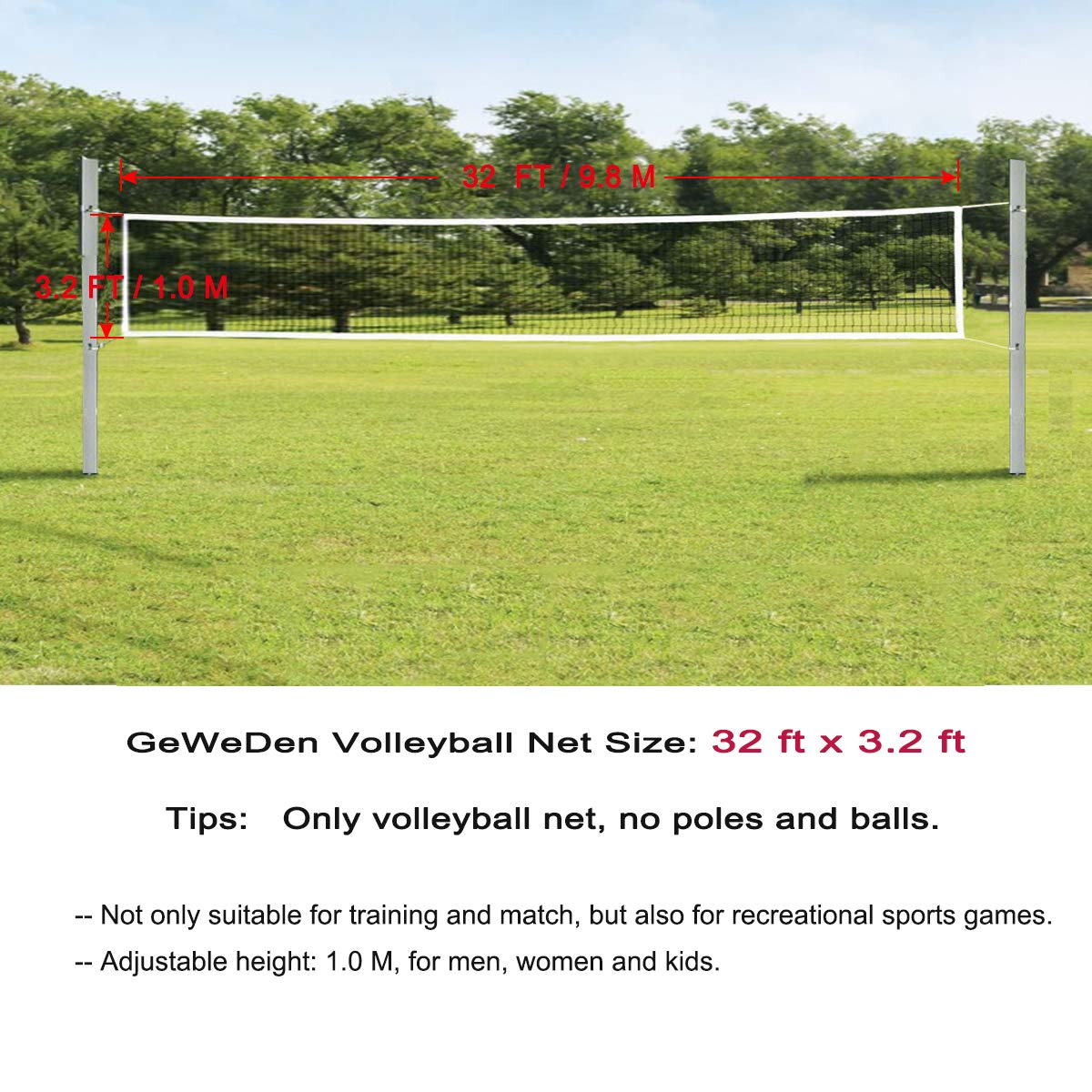 GeWeDen Volleyball Net,Classic Pool Sand Volleyball Net Replacement Netting System Standard Size (32 FT x 3 FT) Poles Not Included