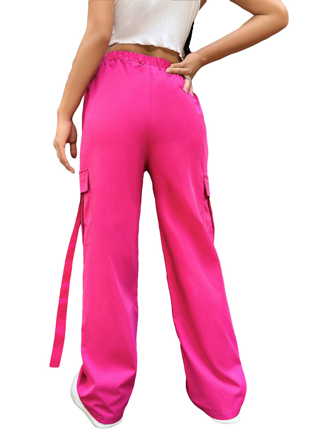 GORGLITTER Women's Drawstring Cargo Pants Flap Pocket High Elastic Waisted Baggy Pants Trousers Hot Pink Medium