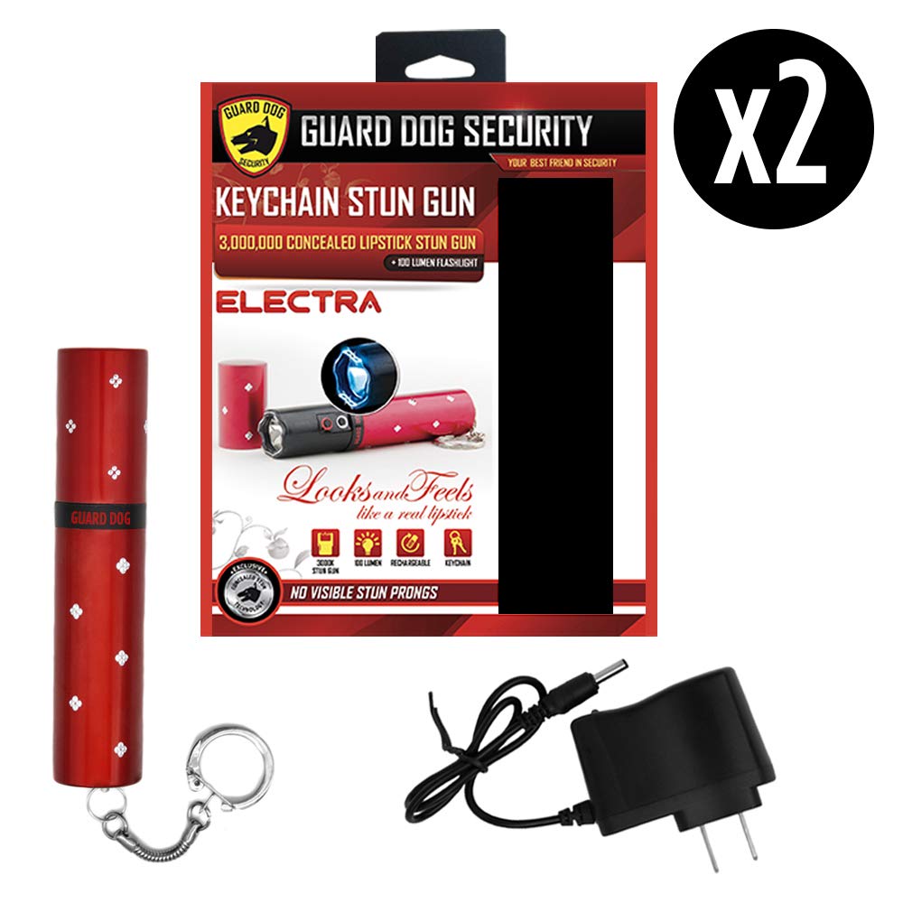 Guard Dog Security Elektra Lipstick Stun Gun for Women, Maximum Voltage - Police Strength, 100 Lumen Flashlight. Keychain. Rechargeable. Wall Charger Included (2-Pack Red)