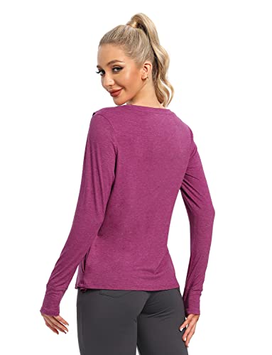 Hiverlay Long Sleeve Workout Shirts for Women V Neck Athletic with Thumbhole Pockets Running Loose Active T-Shirts Pink Large