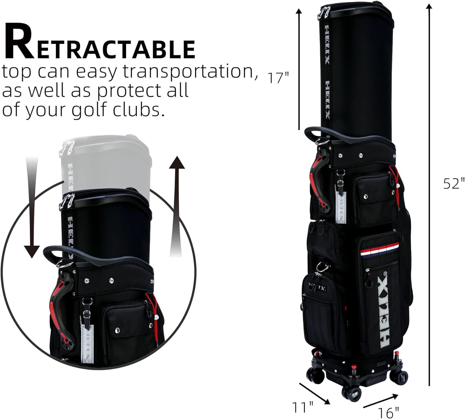 HELIX Golf Cart Bag, Retractable Golf Club Bag with Universal Wheels and Latest Integrated Handgrip. (Navy Black)