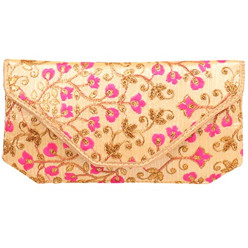 INDTRESOR beaded handcrafted embroidered evening purse handbag vintage party wedding gift for women. Pink Gold