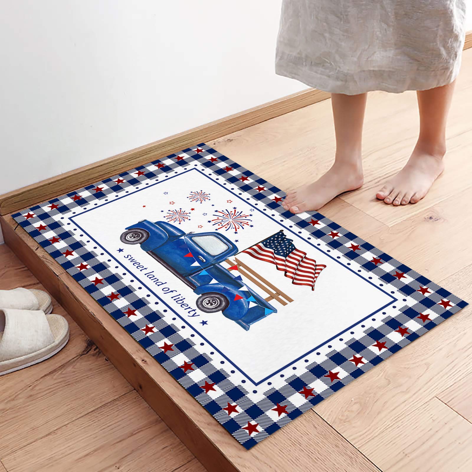July 4th Kitchen Rugs Sets 2 Piece Floor Mats Independence Day Buffalo Plaid Blue Truck Stars Doormat Non-Slip Rubber Backing Area Rugs Carpet Inside Door Mat Pad Sets-15.7" x 23.6"+15.7" x 47.2"