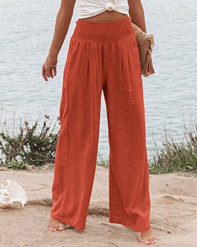 uSecee Linen Pants for Women Elastic High Waisted Wide Leg Palazzo Pants Casual Loose Long Lounge Pant Trousers with Pockets Orange
