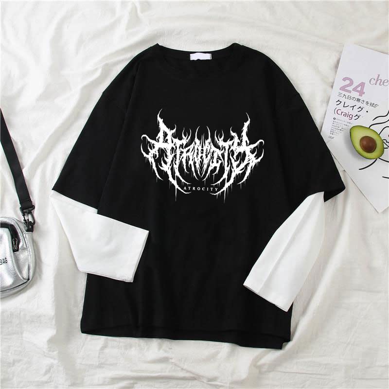 Goth Shirt Gothic Shirt Fake Two-Piece Alternative Clothing Goth Long Sleeve Top Grunge Clothes (Black02,XXL,XX-Large)