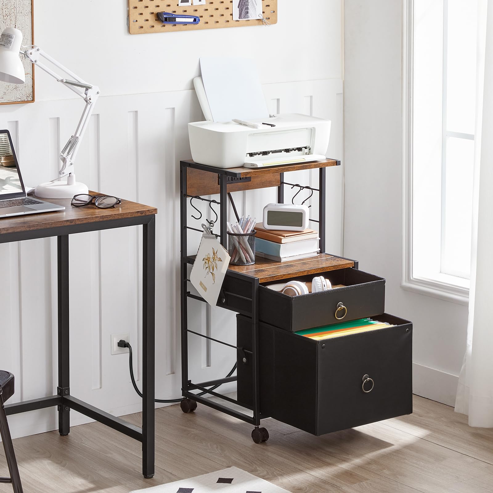 HOOBRO 2-Drawer File Cabinet, Filing Cabinet with Charging Station, Vertical Office Cabinet with Open Storage Shelf, Printer Stand, A4/Letter Size, Nonwovens Drawer, Rustic Brown and Black BFK23UWJ01
