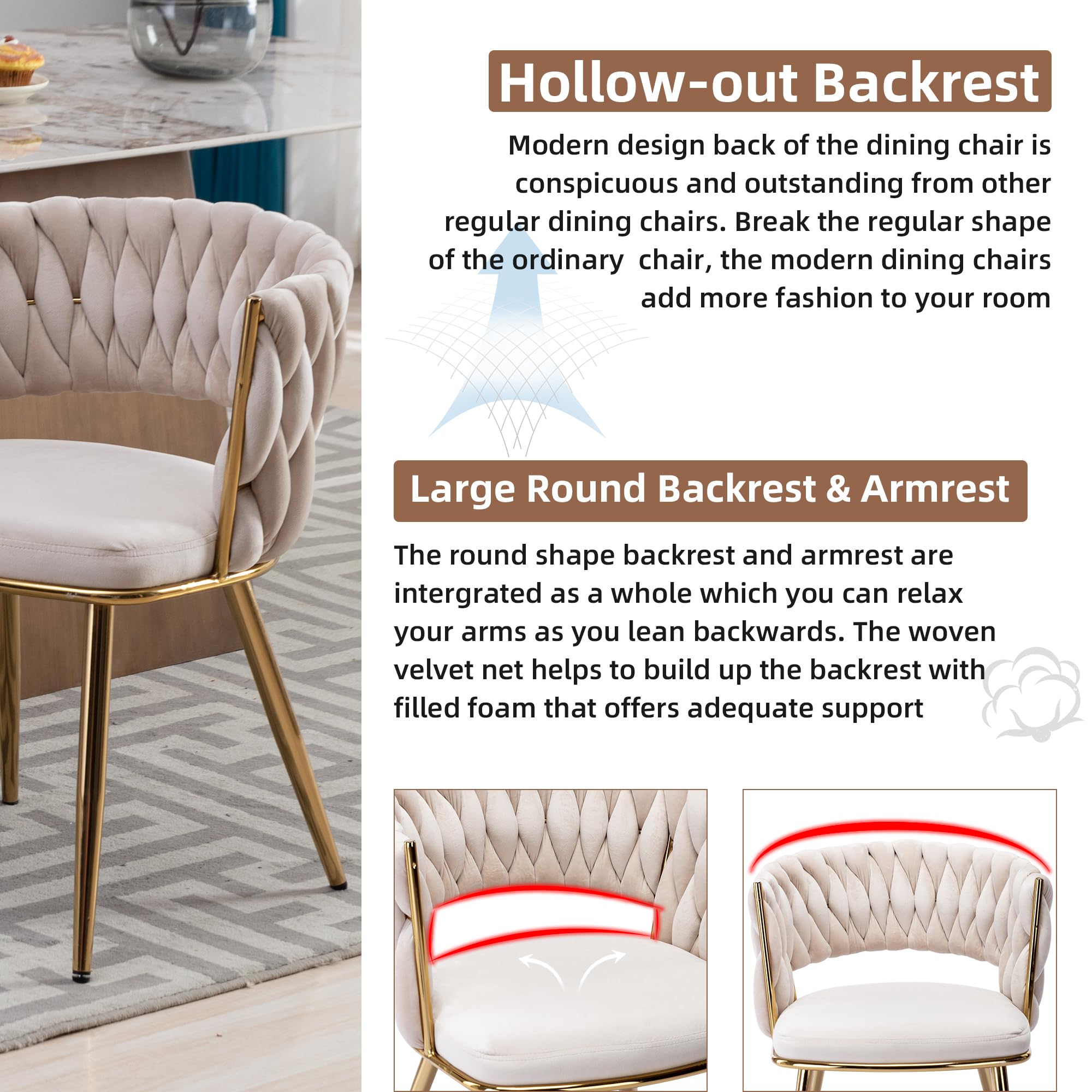 GOOLON Woven Dining Chairs Set of 2, Velvet Upholstered Dining Room Chairs, Tufted Chairs with Tall Round Comfy Backrest Comfortable Armrest Golden Sturdy Metal Legs for Kitchen Black