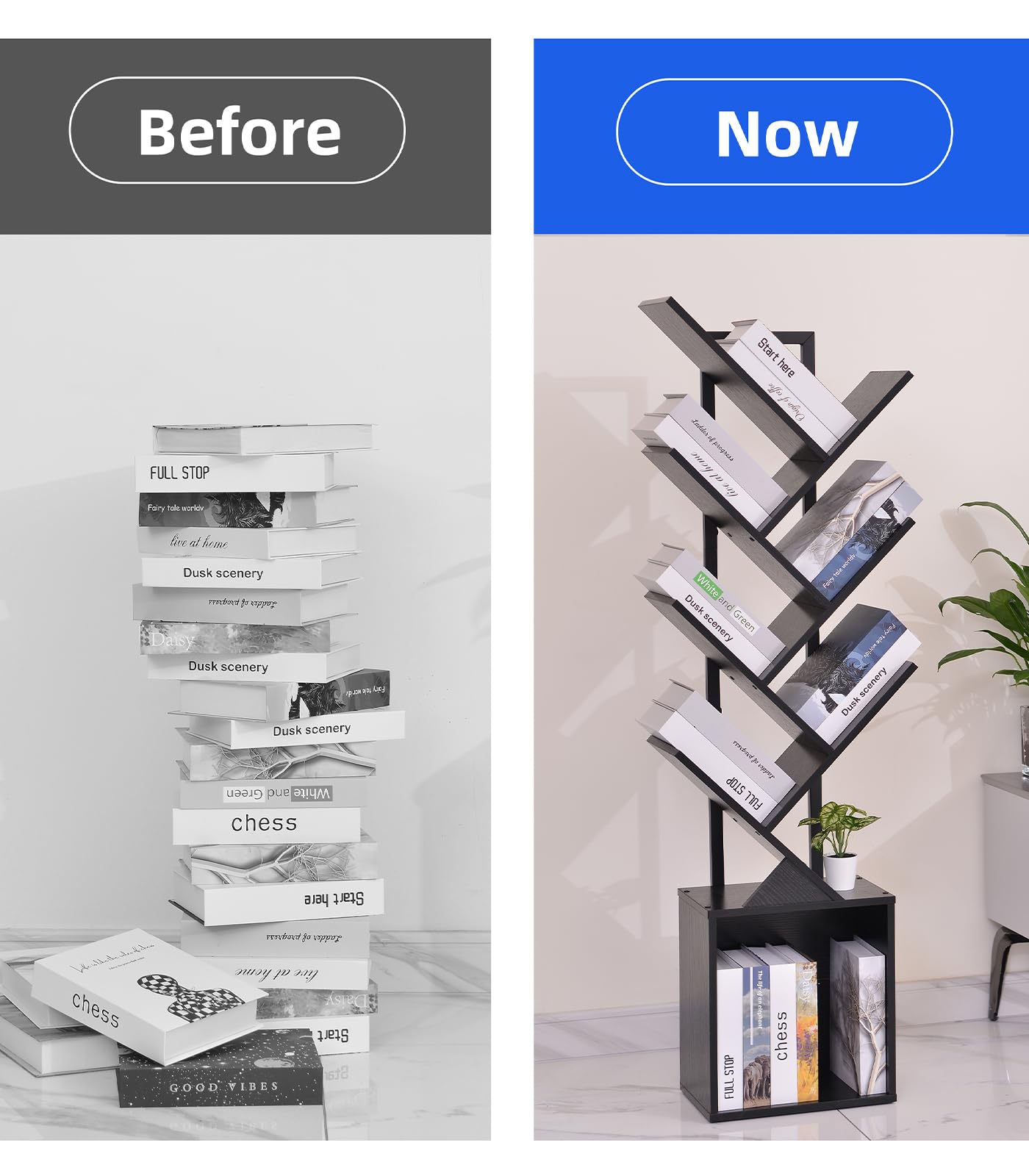 YSVCO 7 Tier Tree Bookshelf, Tall Narrow Wood Book Shelf, Freestanding Bookcase with Storage Cabinet, Floor Standing Display Storage Shelf for CD/Book, Living Room, Home Office Black BS36BS