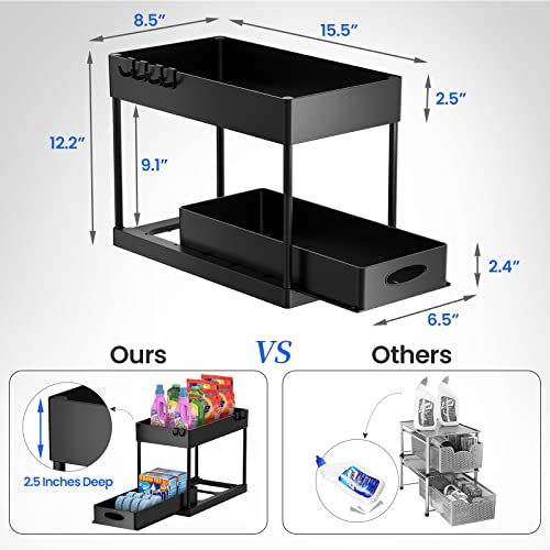 Under Sink Organizers and Storage, 2 Tier Under Sink Organizer Multi-Purpose Bathroom Sink Organizer Sliding Drawer Sink Organizers with Hooks for Kitchen Bathroom Organizer