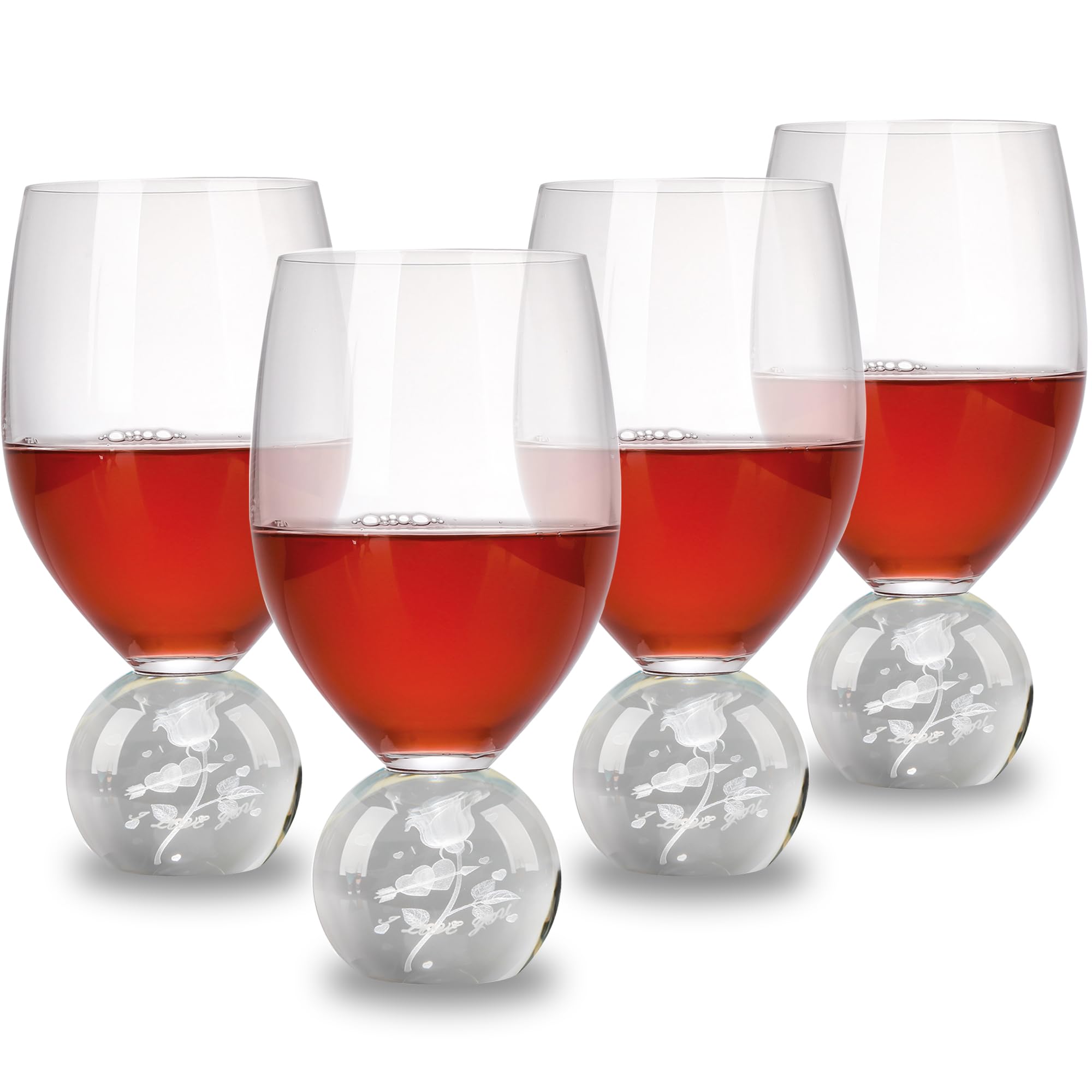 Hanjue Wine Glasses Set of 4, 16oz Red Wine Glasses, 3D Inner Carving Rose Ball Base, Lead-free Glass,Ideal for Red Wine or White Wine, Unique Design Wine Glasses