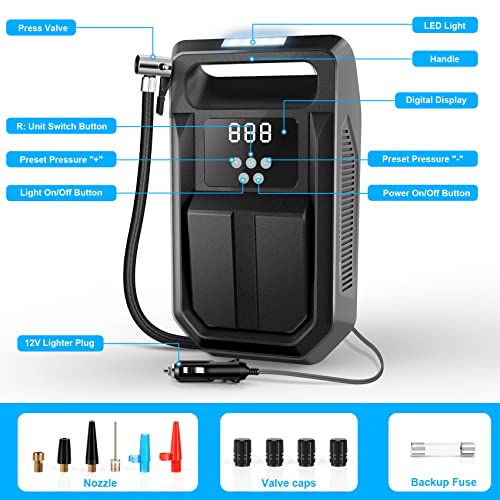 Tire Inflator Portable Air Compressor 12V DC Car Air Pump with Digital Display, LED Light, Auto Shut Off Function, Set of Nozzle Adaptors for Car, Motorcycle, Bicycle, Ball (Black)
