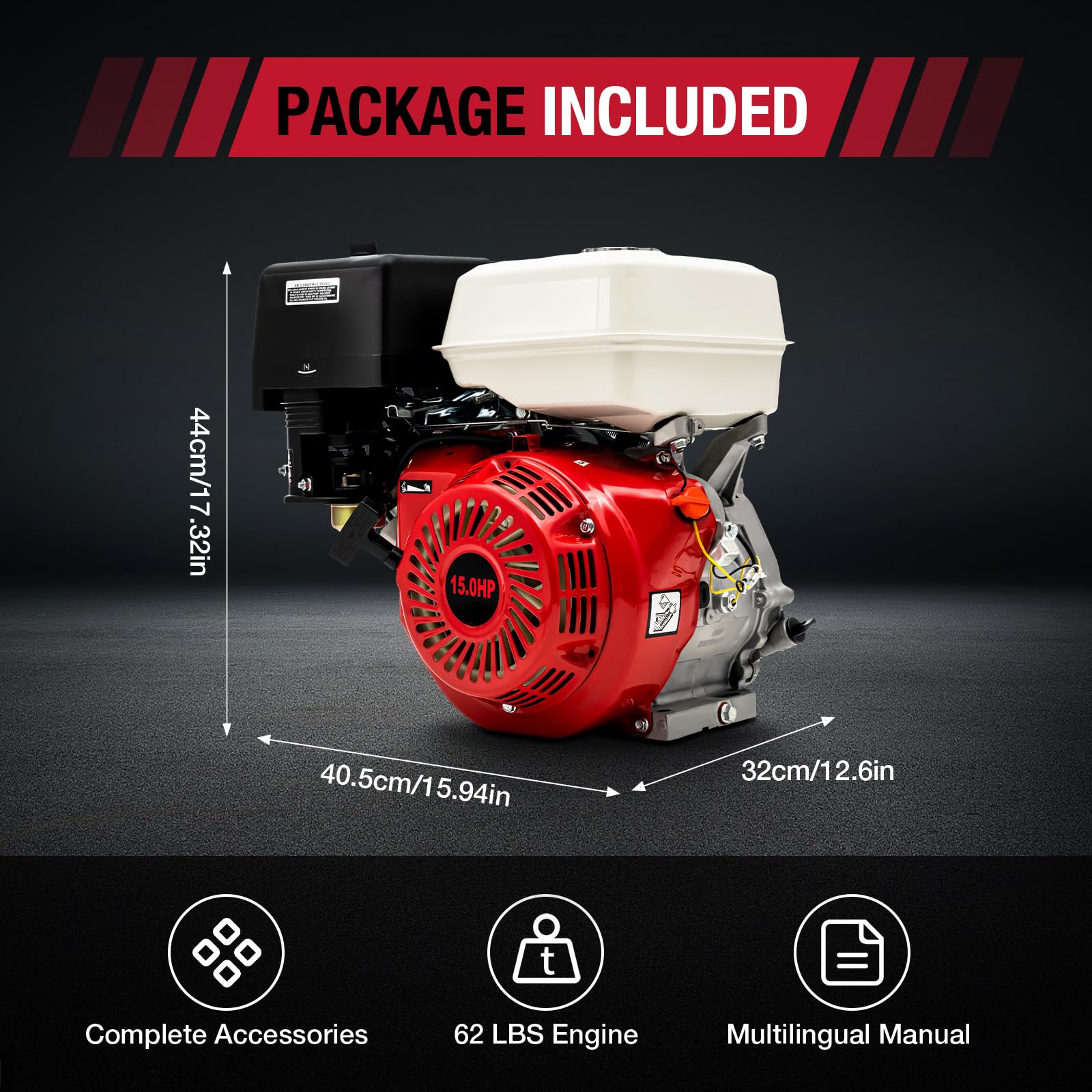 Gas Engine, 420CC 15 HP 4 Stroke Gasoline Engine OHV Horizontal Go Kart Motor Single Cylinder Air Cooling Gas Go Kart Engine FIT for Water Pumps, Vibrators, Generators (4 Stroke 15HP 420cc Red+Black)
