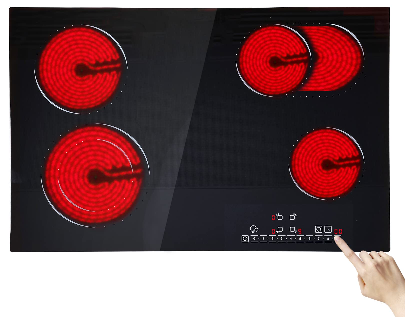 Homtone 4 Burner Electric Cooktop7200W, Radiant Electric Stove, Built-in Electric Ceramic Cooker, Glass Surface Sensor Touch Control, Timer & Child Lock, 220V-240V Hard Wire