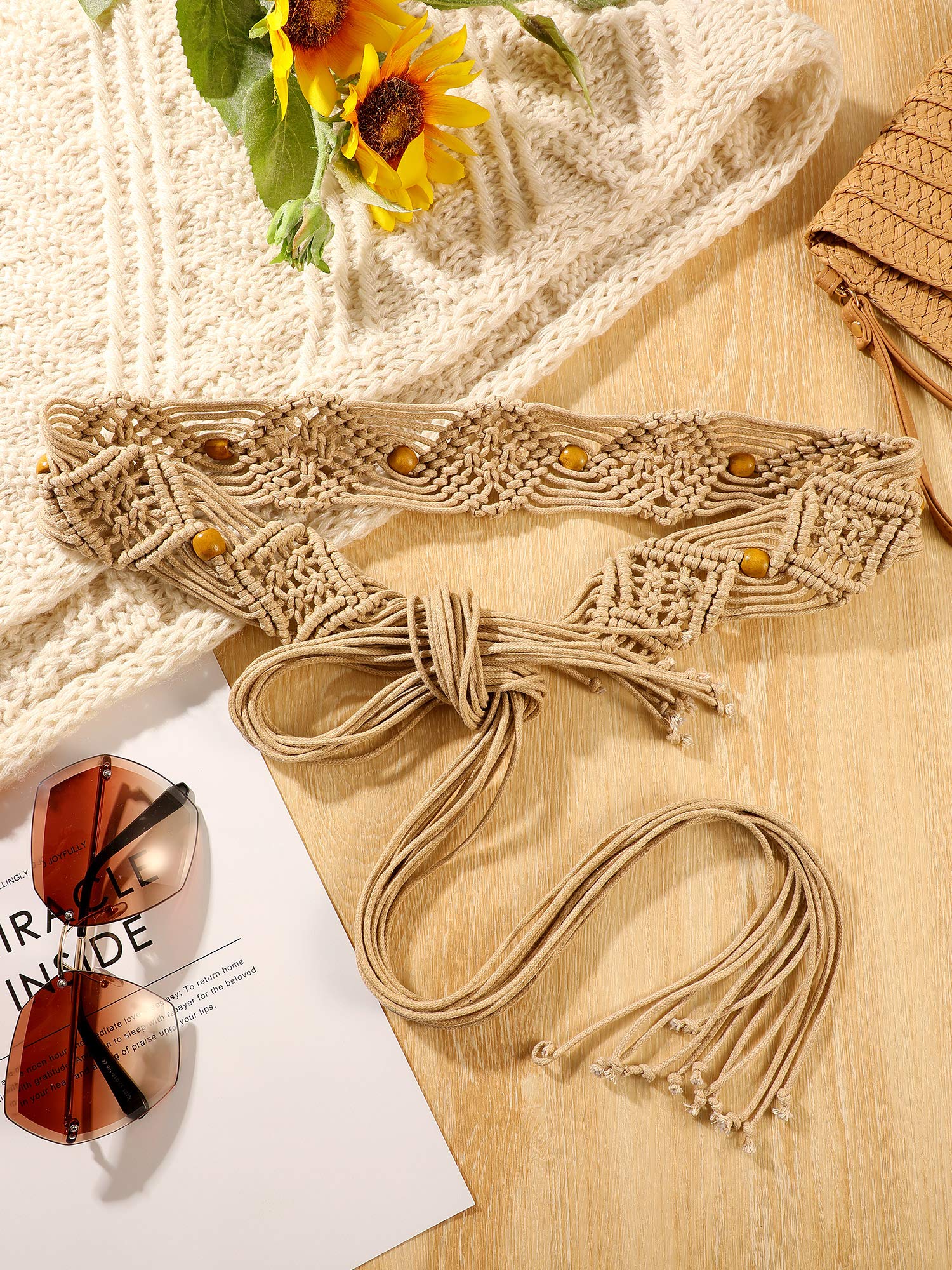Hercicy Women Bohemian Style Belt Macrame Braid Waist Belt for Dresses Christmas (Khaki) Medium
