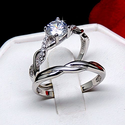 Ginger Lyne Collection Queena Bridal Wedding Ring Set for Women Sterling Silver Twist Vine Setting with 1 Carat Cubic Zirconia Engagement and Band Size 6