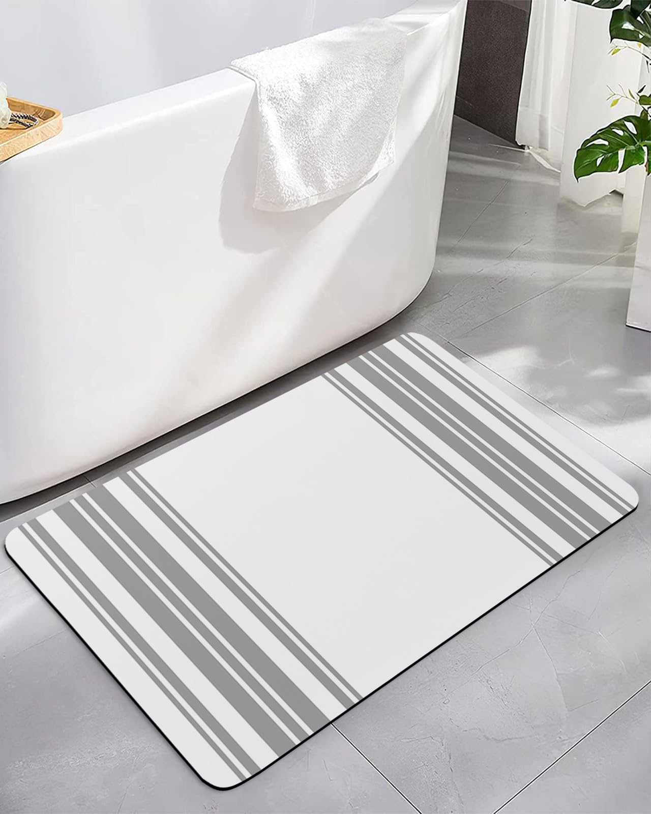 Grey White Stripes Bath Mat for Bathroom Rugs Non Slip, Diatomaceous Earth Bath Mats Quick Dry Absorbent Bath Rug, Thin Rubber Backed Easy to Clean, Casual Bohemian Geometric Art Decor 16"x24"