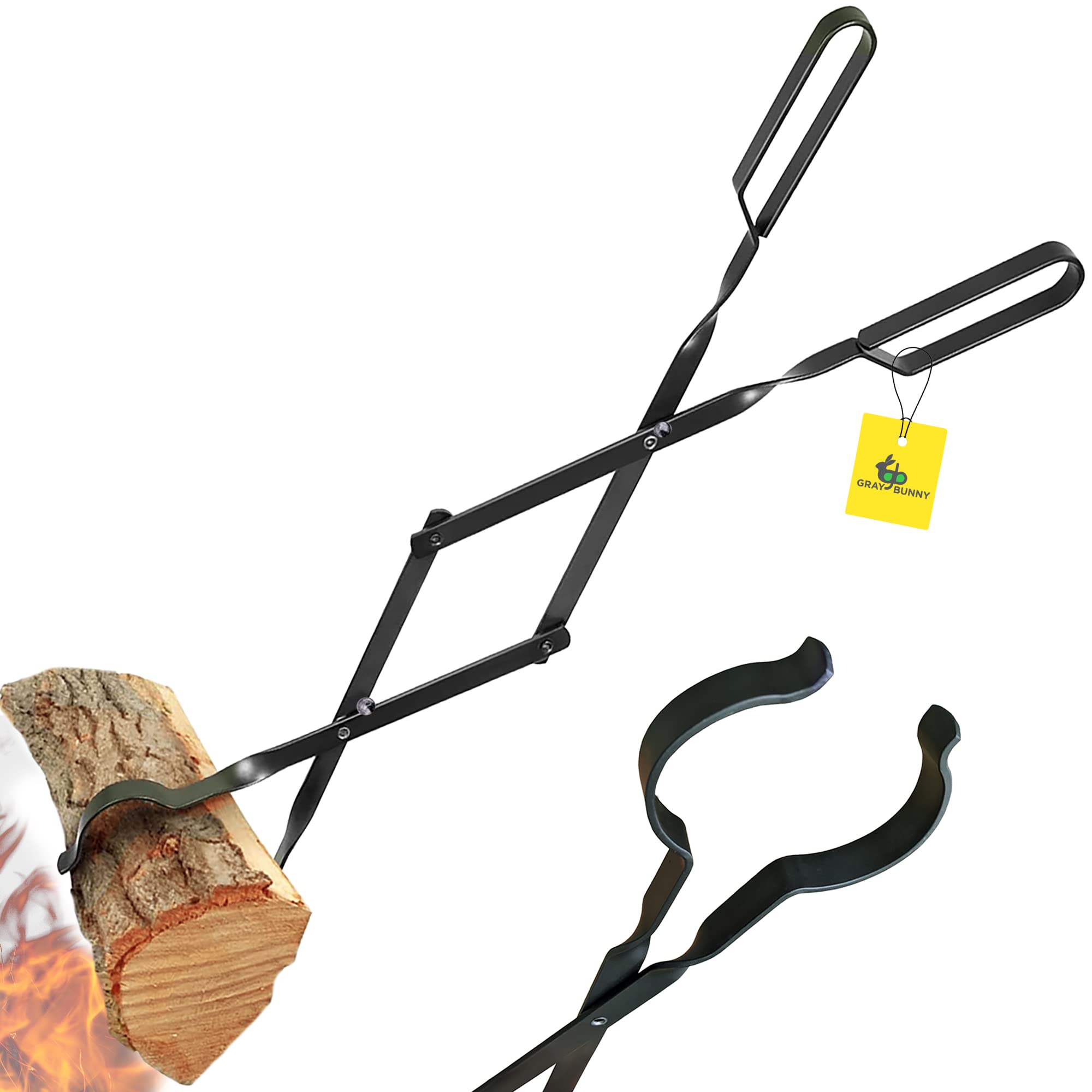 gb Home Collection Heavy Duty Cast Iron Fireplace Tongs, Log Grabber, Log Tweezers, Log Claw Fireplace Accessory for Indoor Outdoor