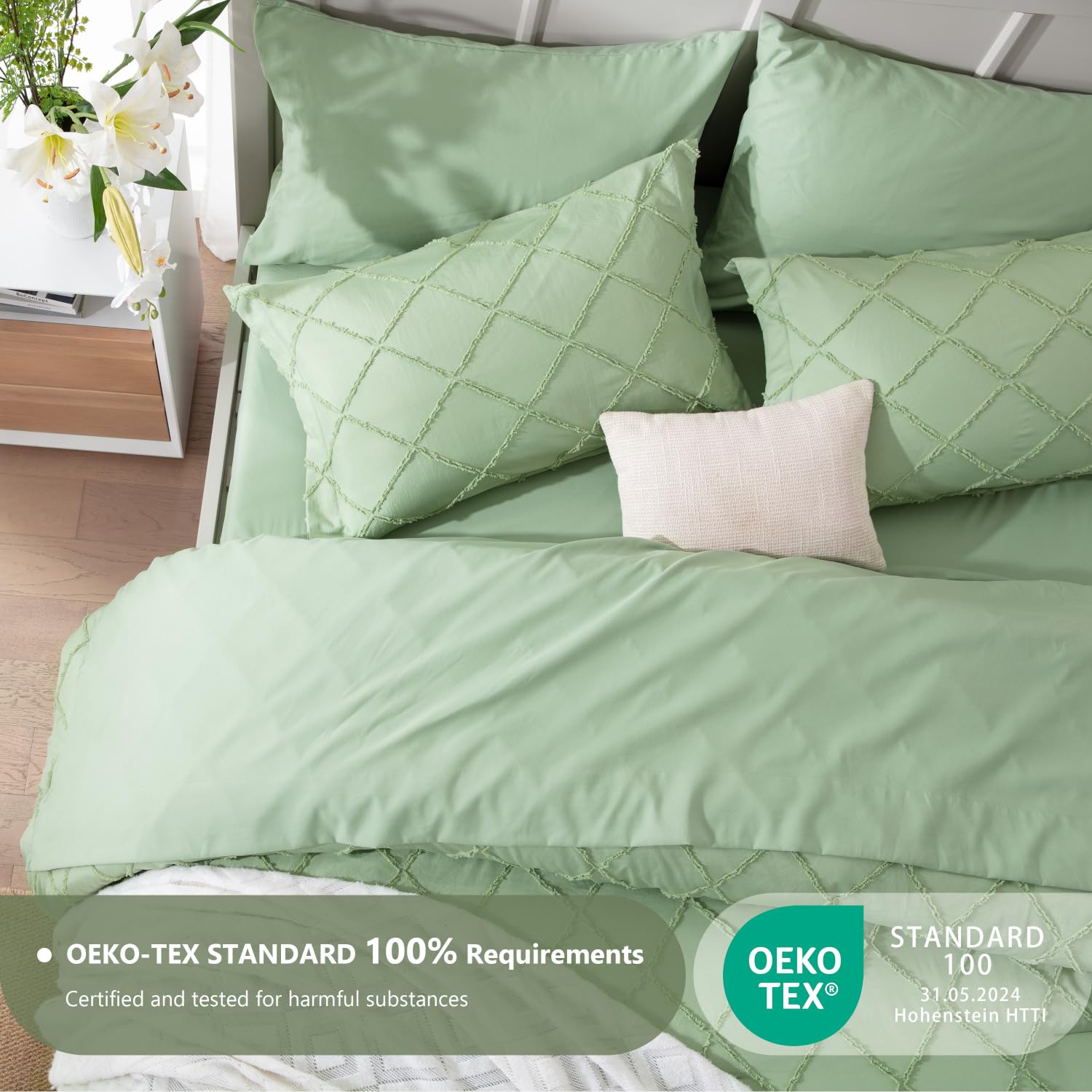 Gotroolhome Sage Green Queen Comforter Set - 7 Pieces ，Boho Tufted Shabby Chic Bedding Comforter Set, Bed in a Bag for All Seasons, with Comforter, Sheets, Pillowcases & Shams