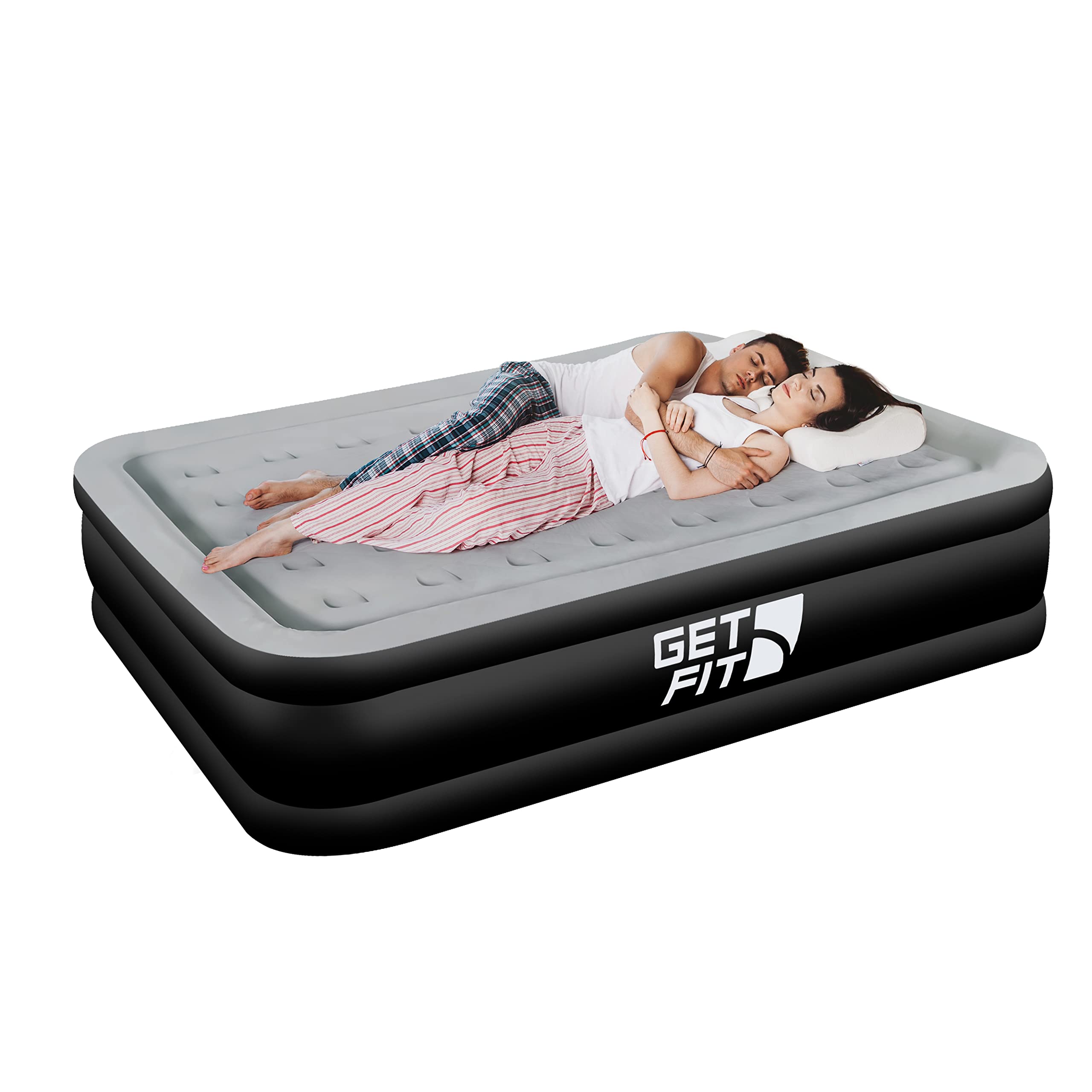 Get Fit Air Bed with Built in Electric Pump - Premium Queen Size - Blow Up Bed with 2 x Free Pillows - Elevated Inflatable Air Mattress for Outdoor, Camping, Tents - Black/Grey