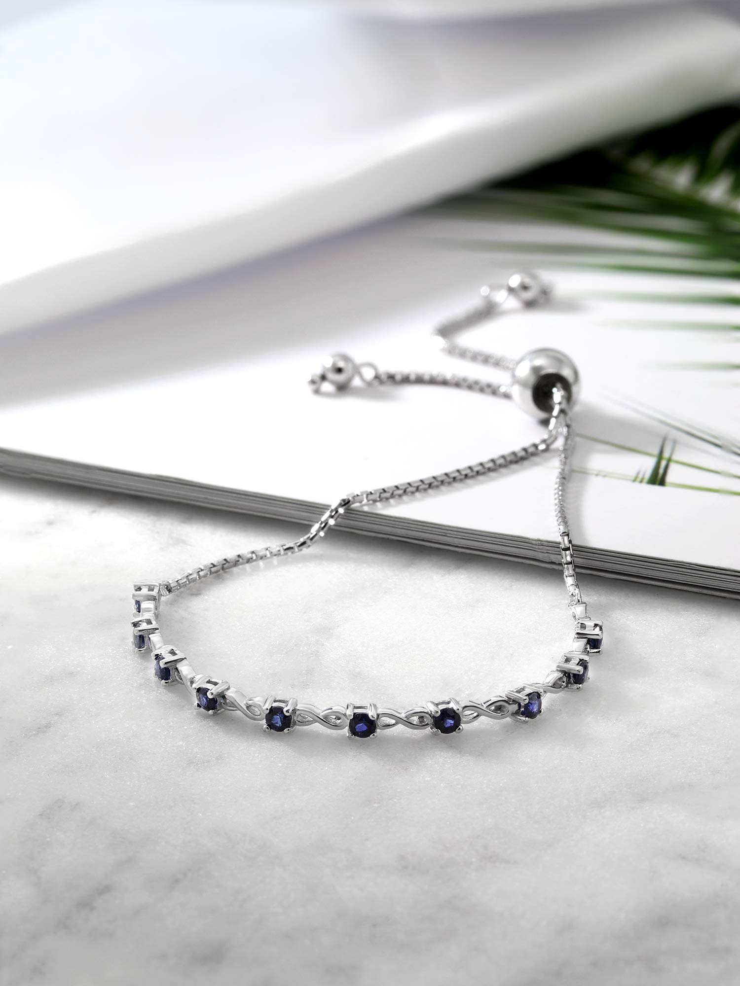 Gem Stone King 925 Sterling Silver Blue Created Sapphire Adjustable Bracelet For Women (0.50 Cttw, Round Cut 2.5MM, Gemstone Birthstone, Fits Up To 9 Inch Wrist)