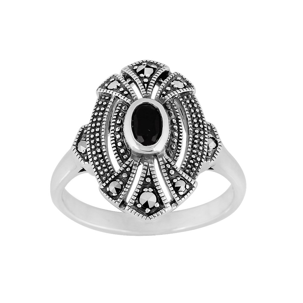 Gemondo 925 Sterling Silver Black Onyx & Marcasite Art Deco Ring