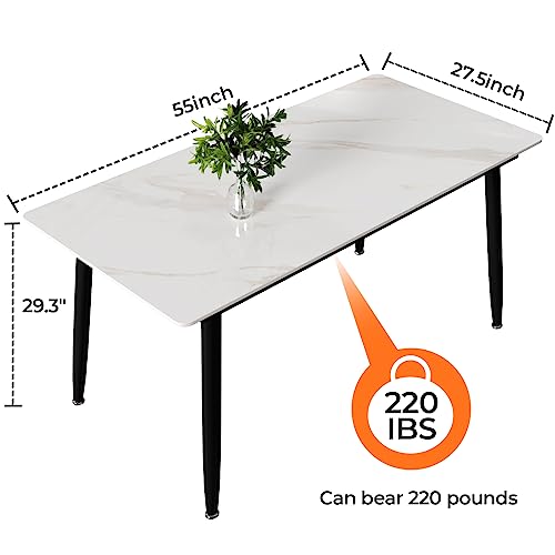 VVSmriti Modern Dining Table with Sintered Stone Table Top and Carbon Metal Base, 55/inch Rectangular White Kitchen Table, Fade Resistant, Scratch Resistant, Easy Assembly 55/inchx27.5/inchx29.3/inch