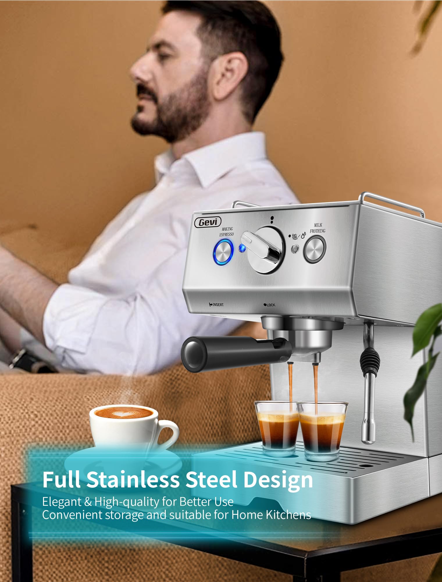 Gevi Espresso Coffee Machine,Espresso Machine with Steamer, Compact Semi Espresso Maker with Milk Frother for Home, Stainless Steel Cappuccino Machine for Cappuccino, Latte, 1100W