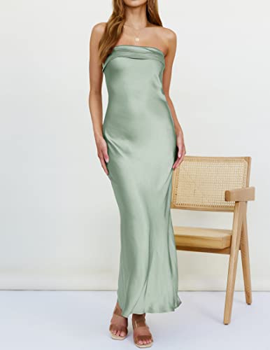ZESICA Women's 2023 Summer Satin Strapless Dress Sexy Backless Bodycon Wedding Cocktail Party Maxi Dresses,Sage,Large